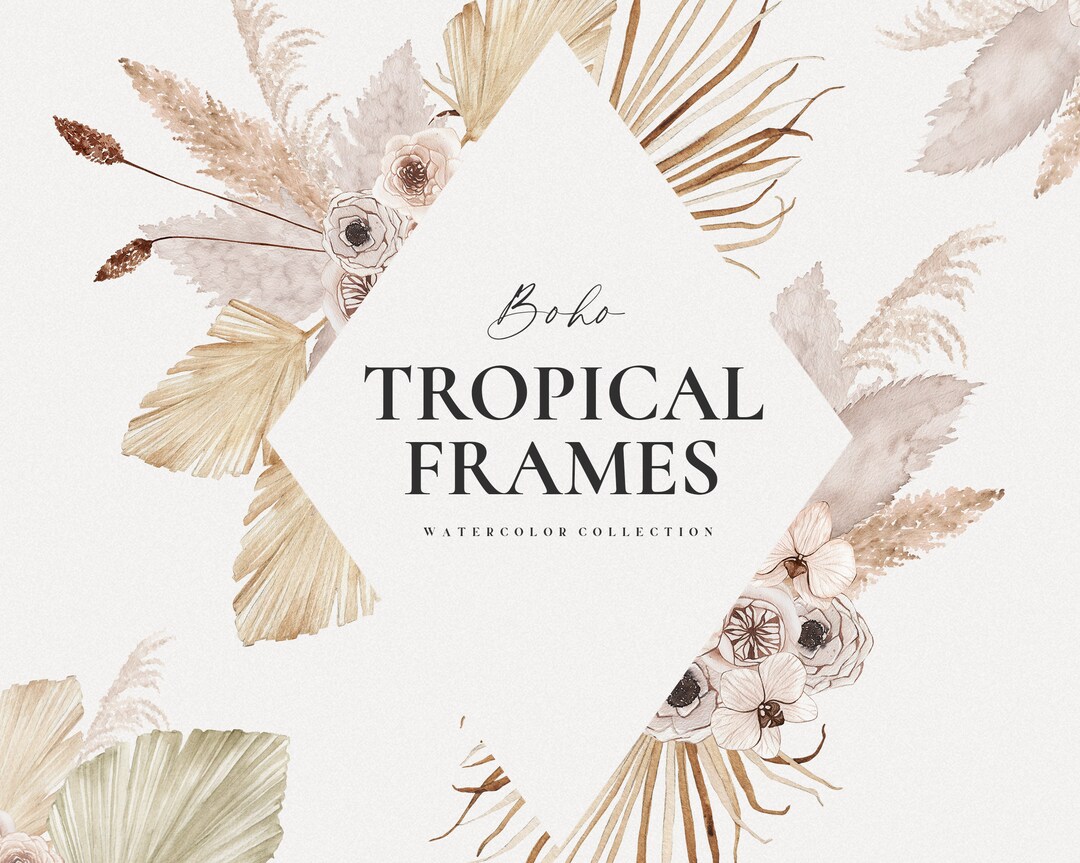 Watercolor Tropical Frames With Dried Palm Leaves, Orchid, Roses ...