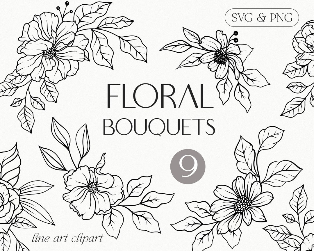 Floral Line Art Bouquets Clipart, Botanical Flower, Greenery Line Art ...