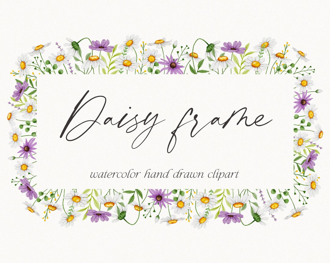 Daisy White and Purple Frame Watercolor Clipart, Wildflower Frame ...