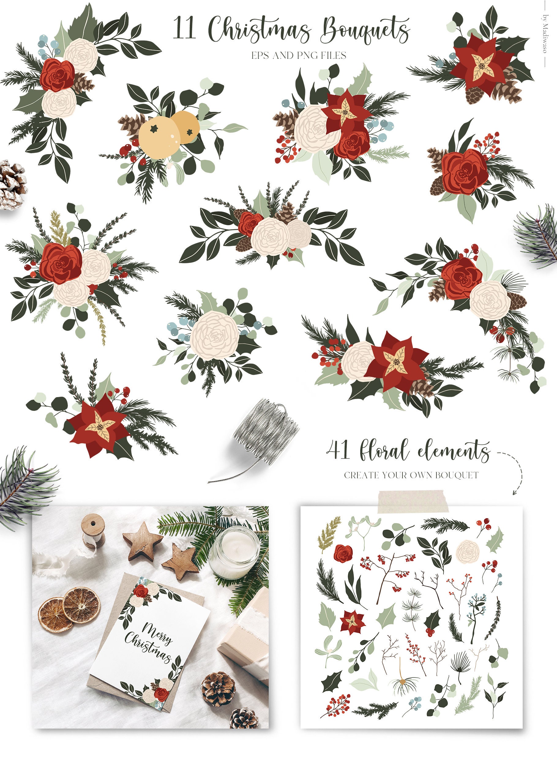 Christmas Clipart Christmas Floral Clipart Printable Card - Etsy