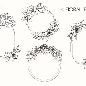 Floral Line Art Clipart, Botanical Flower Line Art SVG Wreath, Frame ...