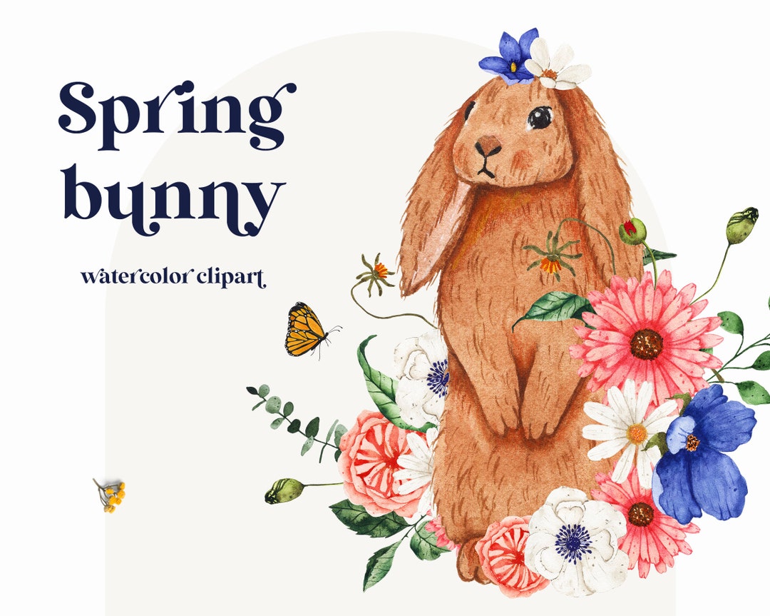 Spring Bunny Watercolor Clipart, Easter Baby Bunny Animal With Floral ...