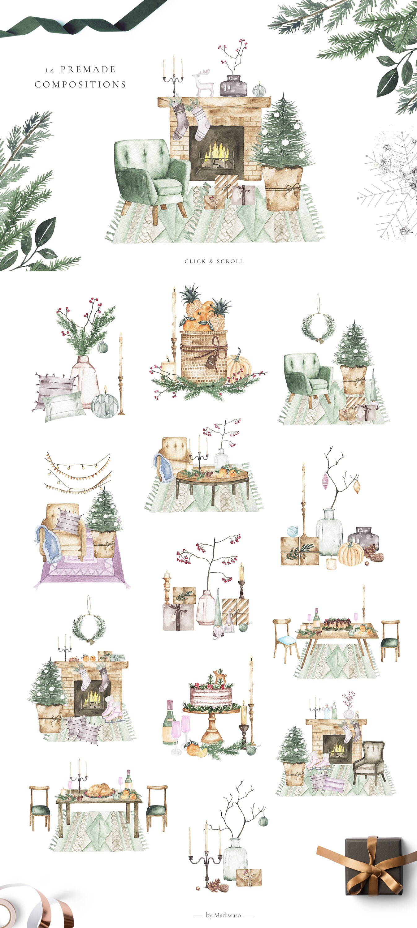 Watercolor Winter Christmas Holiday Clipart Set Xmas Flowers - Etsy