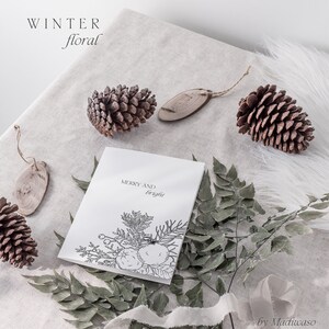 Winter Botanical Floral Line Art Clipart, Christmas Greenery Flowers ...