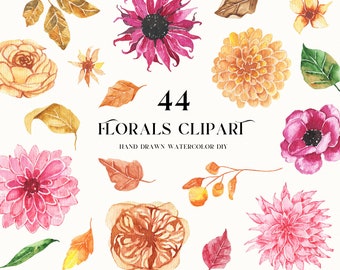 Watercolor Autumn Flowers Clipart Fall Yellow Orange Leaves | Etsy
