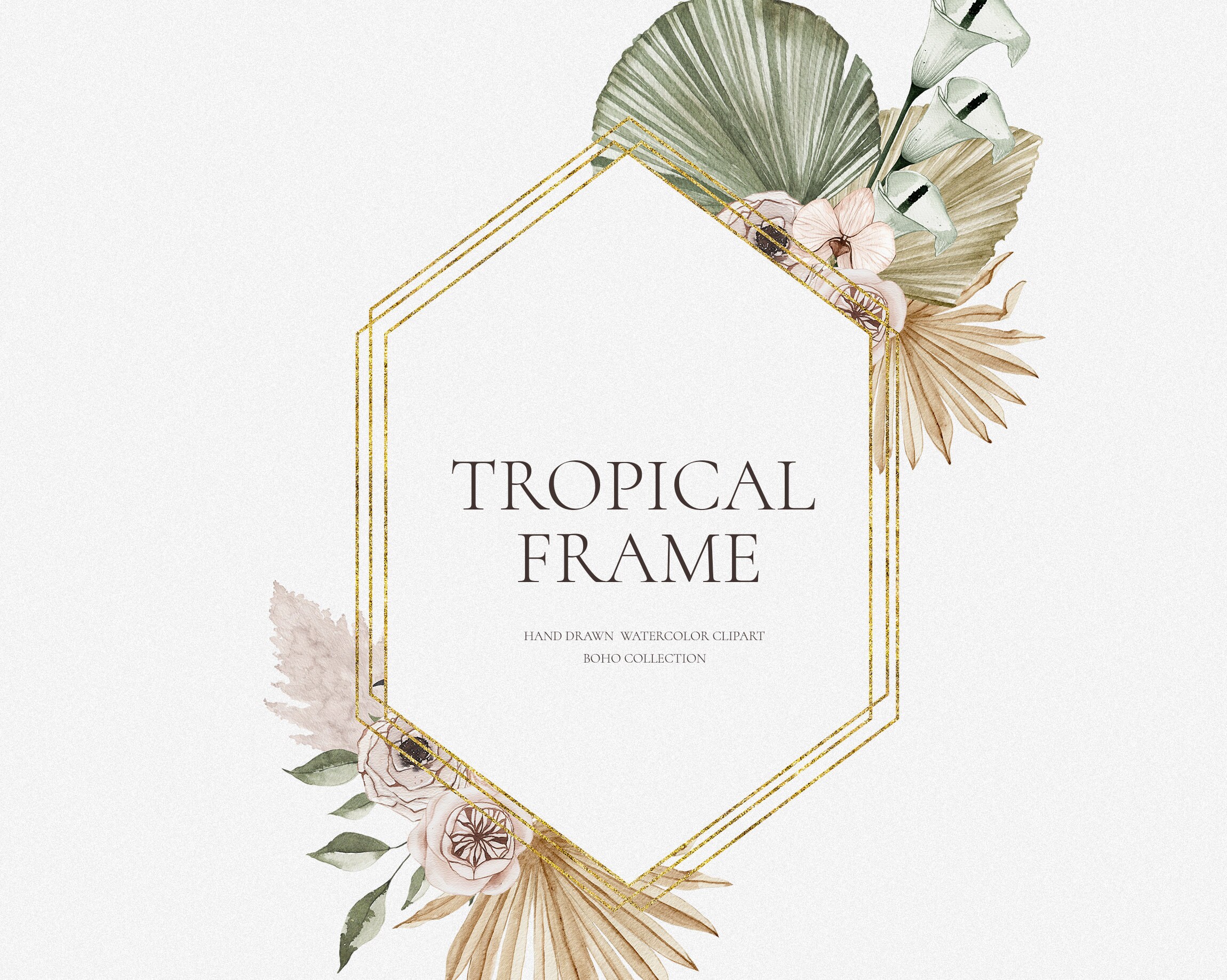 Paper, Party & Kids Watercolor boho floral frame clipart Dried palm ...