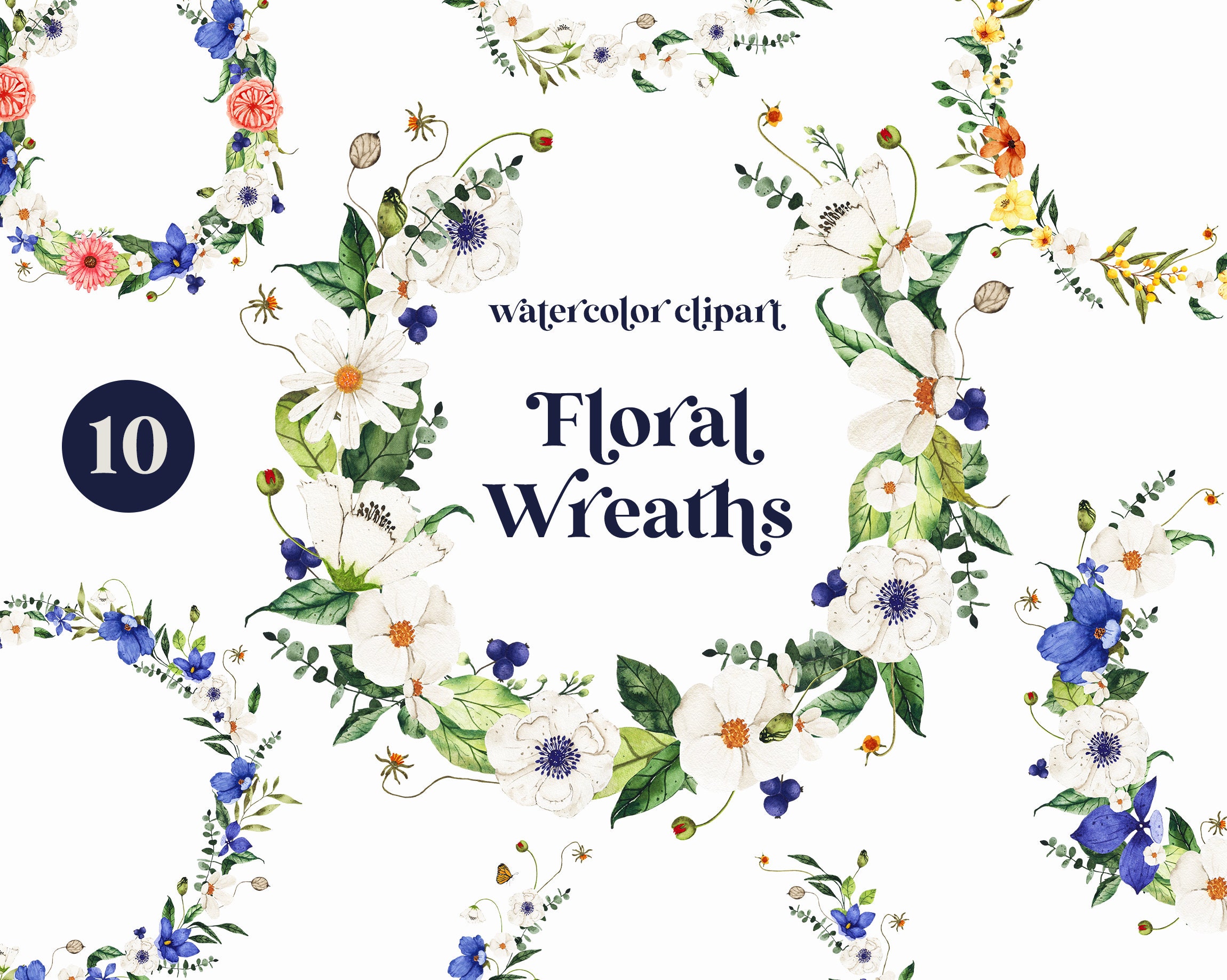 Floral Wreath Watercolor Clipart Spring Watercolor Wildflower - Etsy