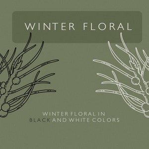 Winter Botanical Floral Line Art Clipart, Christmas Greenery Flowers ...