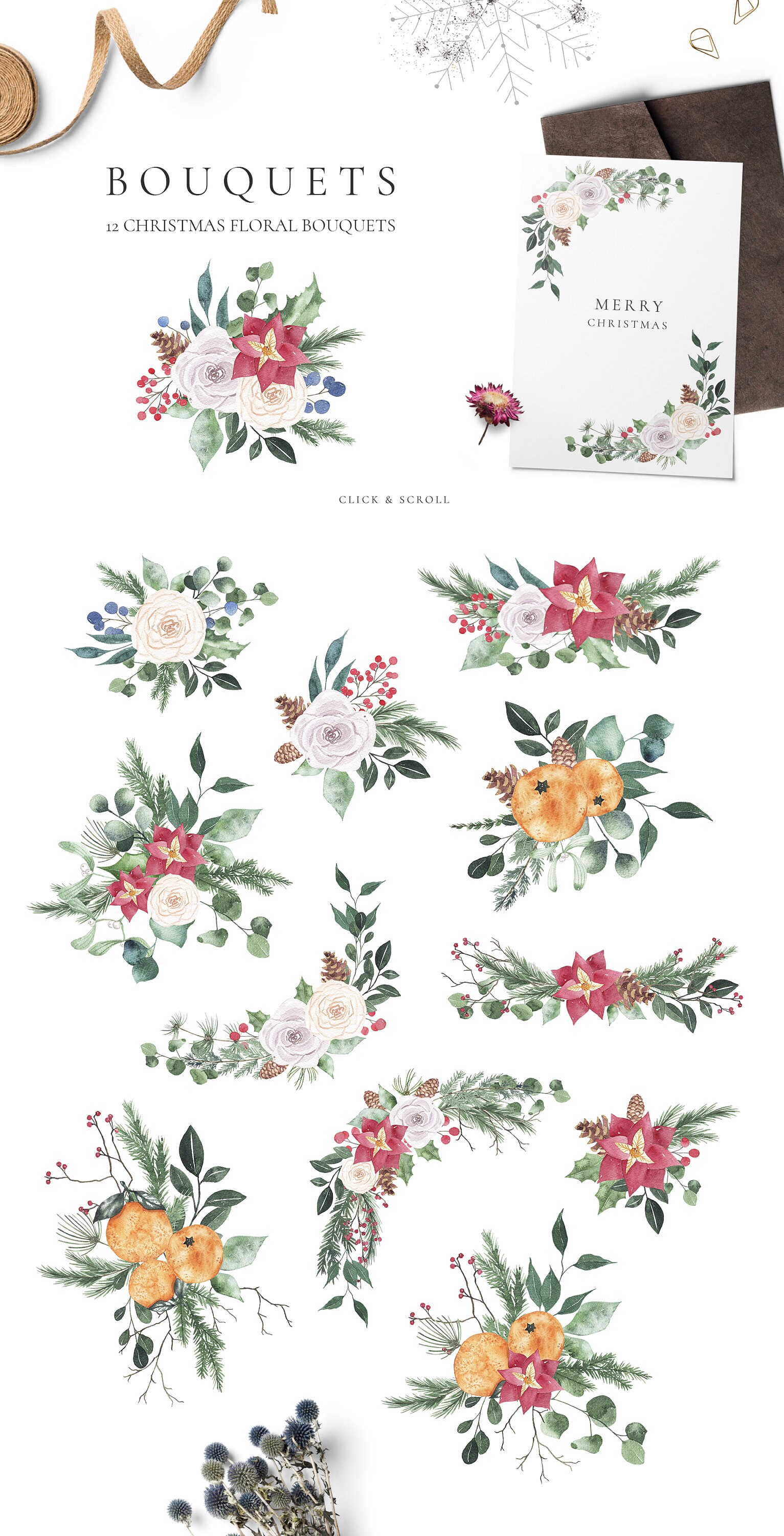 Watercolor Winter Christmas Holiday Clipart Set Xmas Flowers - Etsy