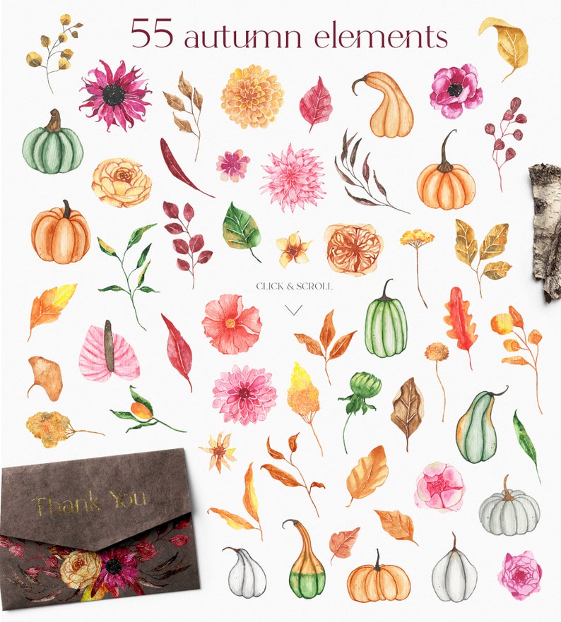 Watercolor Autumn Flowers Clipart Fall Yellow Orange Leaves | Etsy