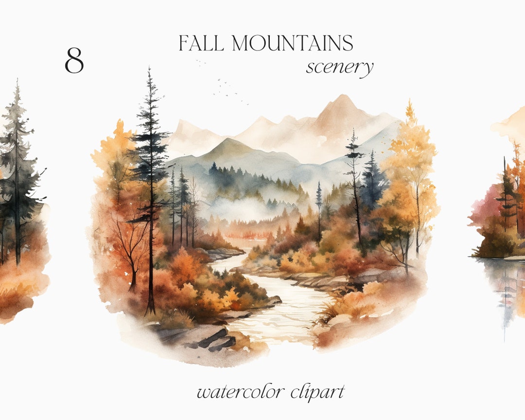 Watercolor Fall Mountain Clipart - Autumn Mountain Scenery Clipart ...