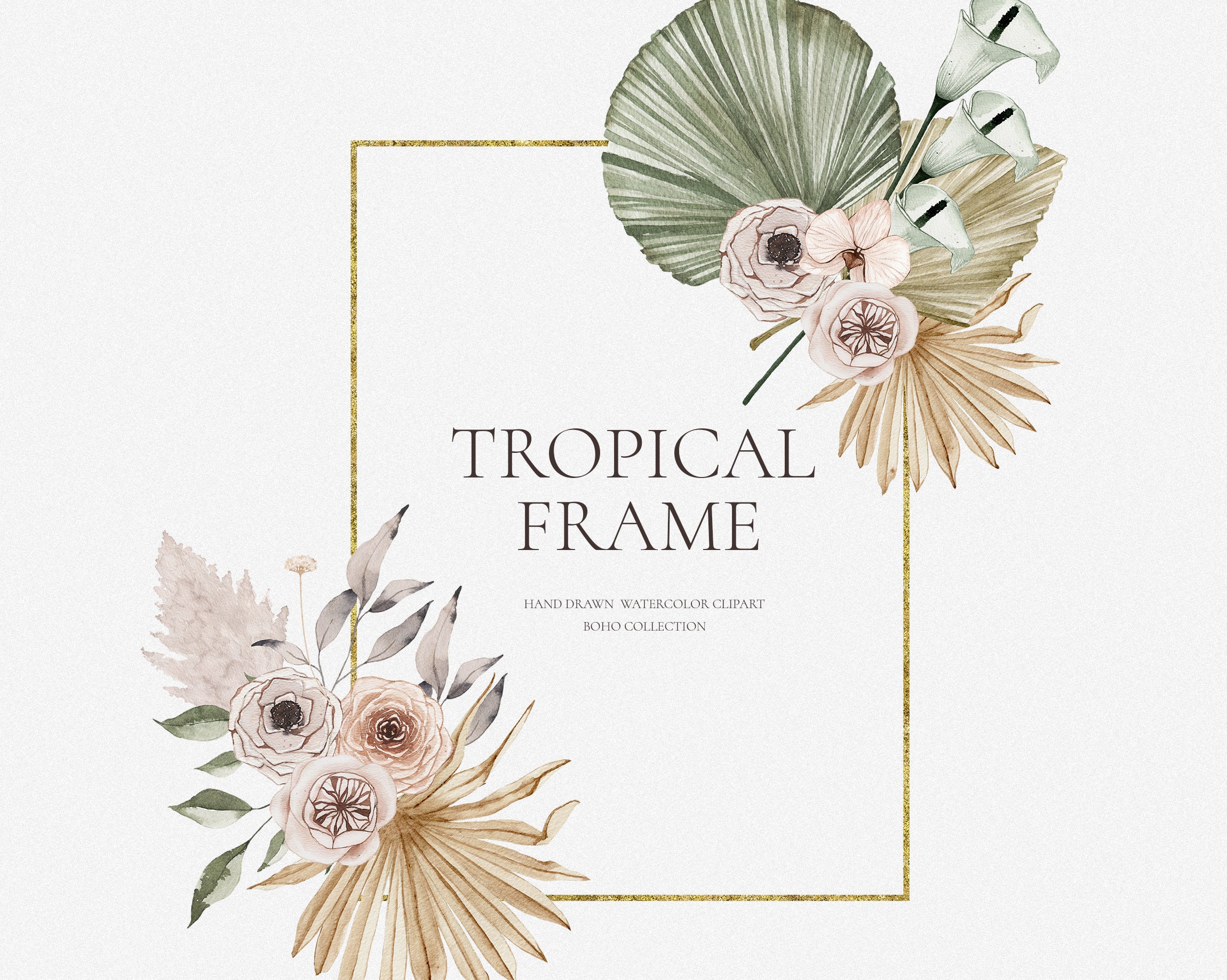 Watercolor Golden Tropical Boho Frame Clipart Wedding Boho - Etsy