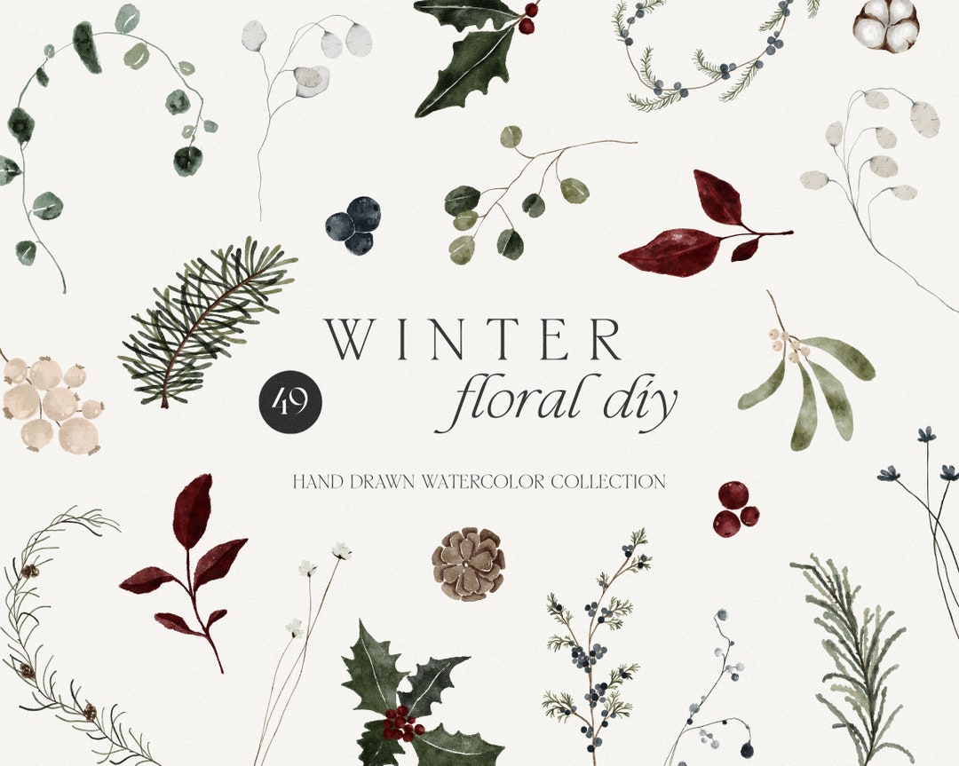 Watercolor Winter Floral Clipart, Christmas Floral Greenery Leaves ...