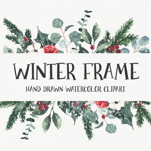 Watercolor Christmas Frame Clipart, Winter Floral Clipart, Christmas ...