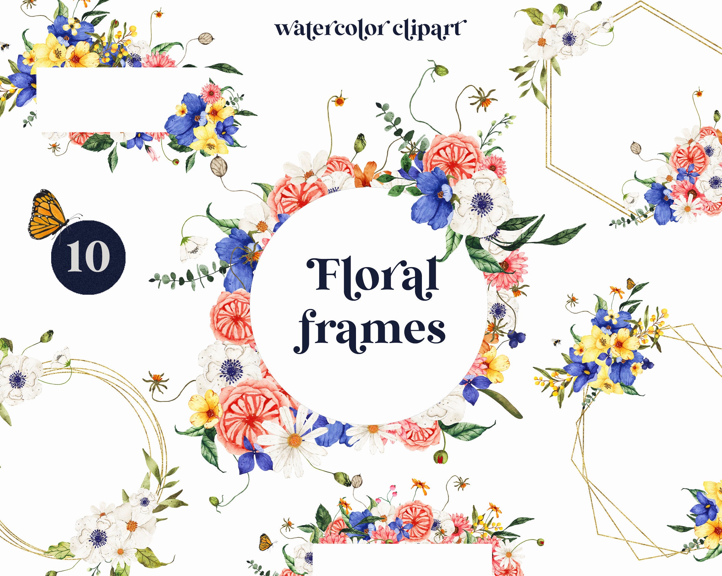 Watercolor Floral Frame Clipart Spring Watercolor Flowers - Etsy