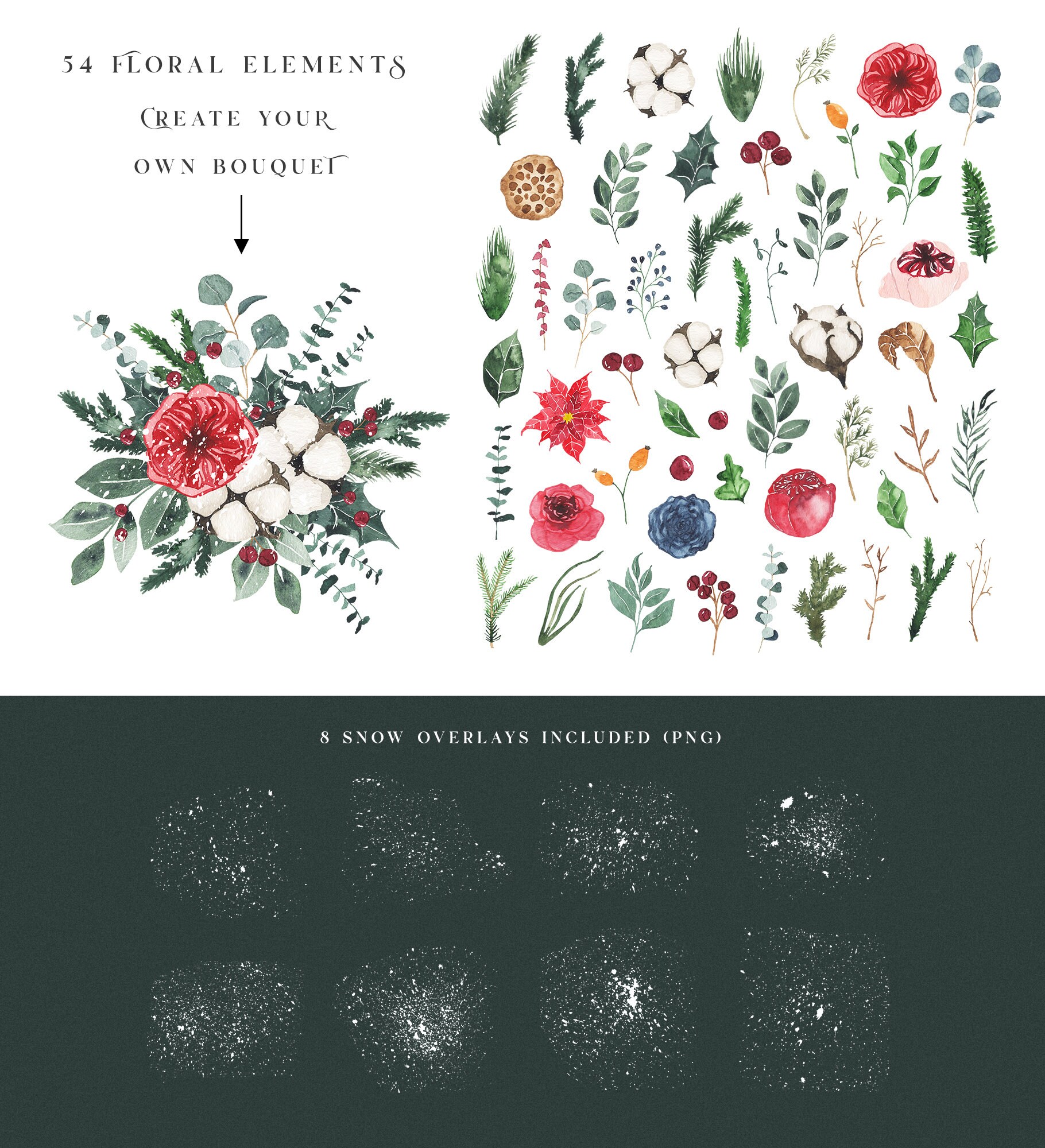 Watercolor Floral Clipart Christmas Floral Clipart Winter | Etsy