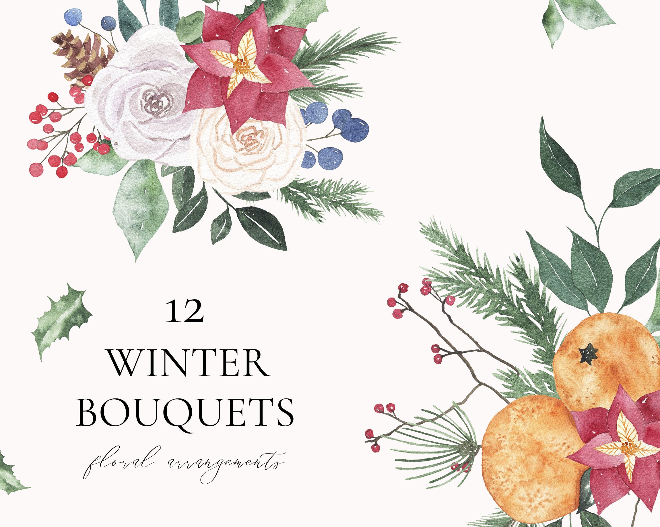 Watercolor Winter Floral Bouquets Clipart Christmas Floral | Etsy
