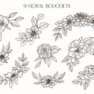 Floral Line Art Clipart, Botanical Flower Line Art SVG Wreath, Frame ...