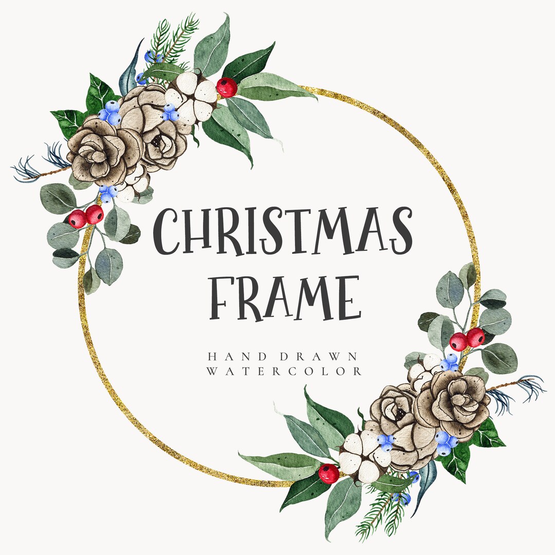 Watercolor Christmas Golden Wreath Clipart, Christmas Frame Clipart ...
