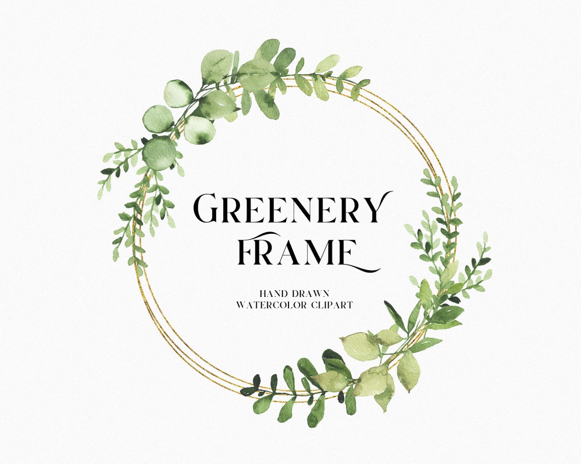 Watercolor Golden Greenery Frame Spring Green Foliage Leaves | Etsy