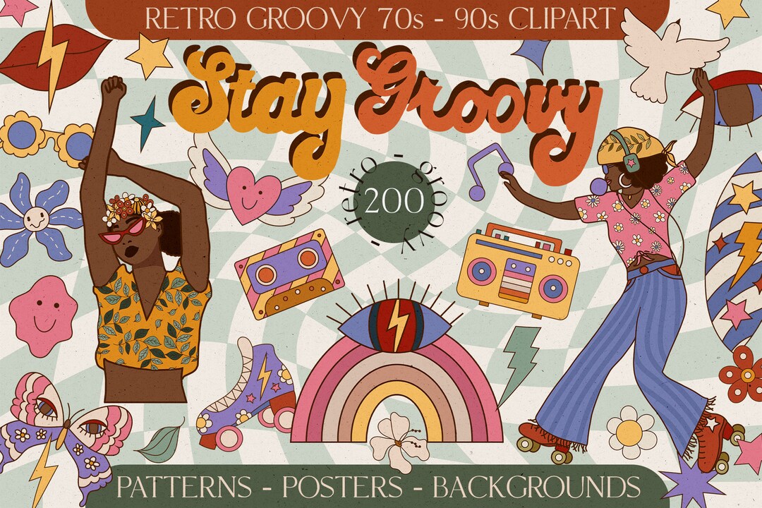 Retro Groovy 70s 80s 90s Digital Clipart, Retro Hippie Boho Trendy ...