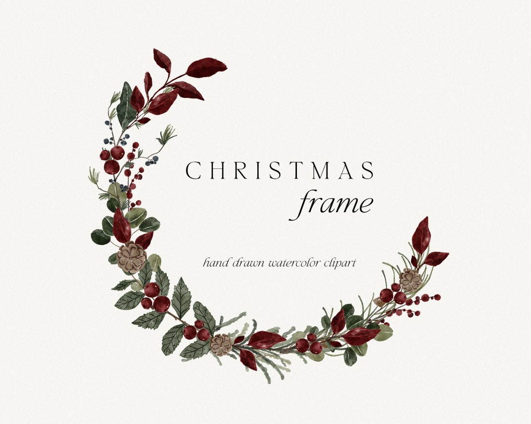 Delicate Christmas Winter Wreath Clipart, Watercolor Floral Green ...