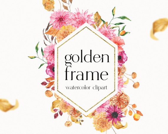 Watercolor Floral Frame Clipart Gold Frame Clipart Floral | Etsy