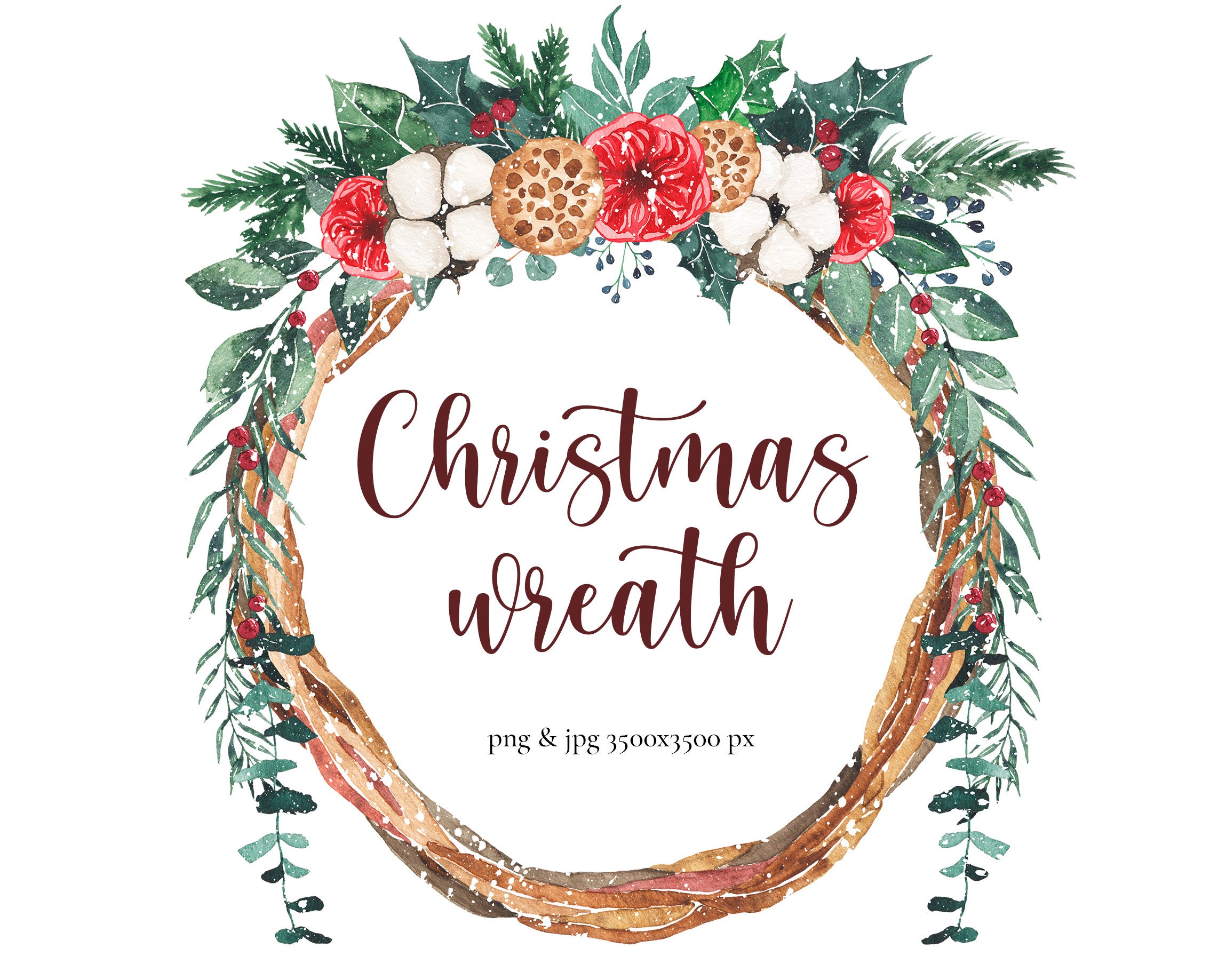 Watercolor Winter Greenery Frame Clipart Christmas Wreath | Etsy