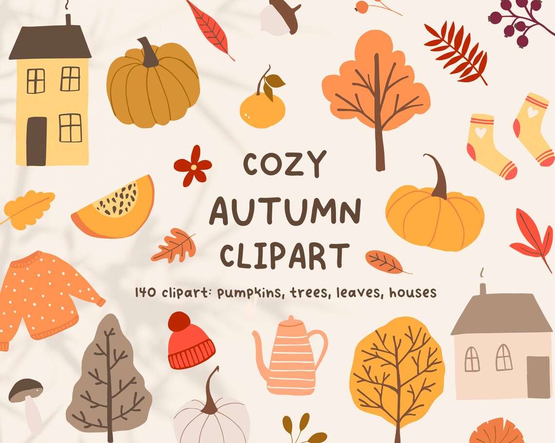 Cozy Autumn Fall Clipart Thanksgiving Pumpkin Autumn Leaves - Etsy