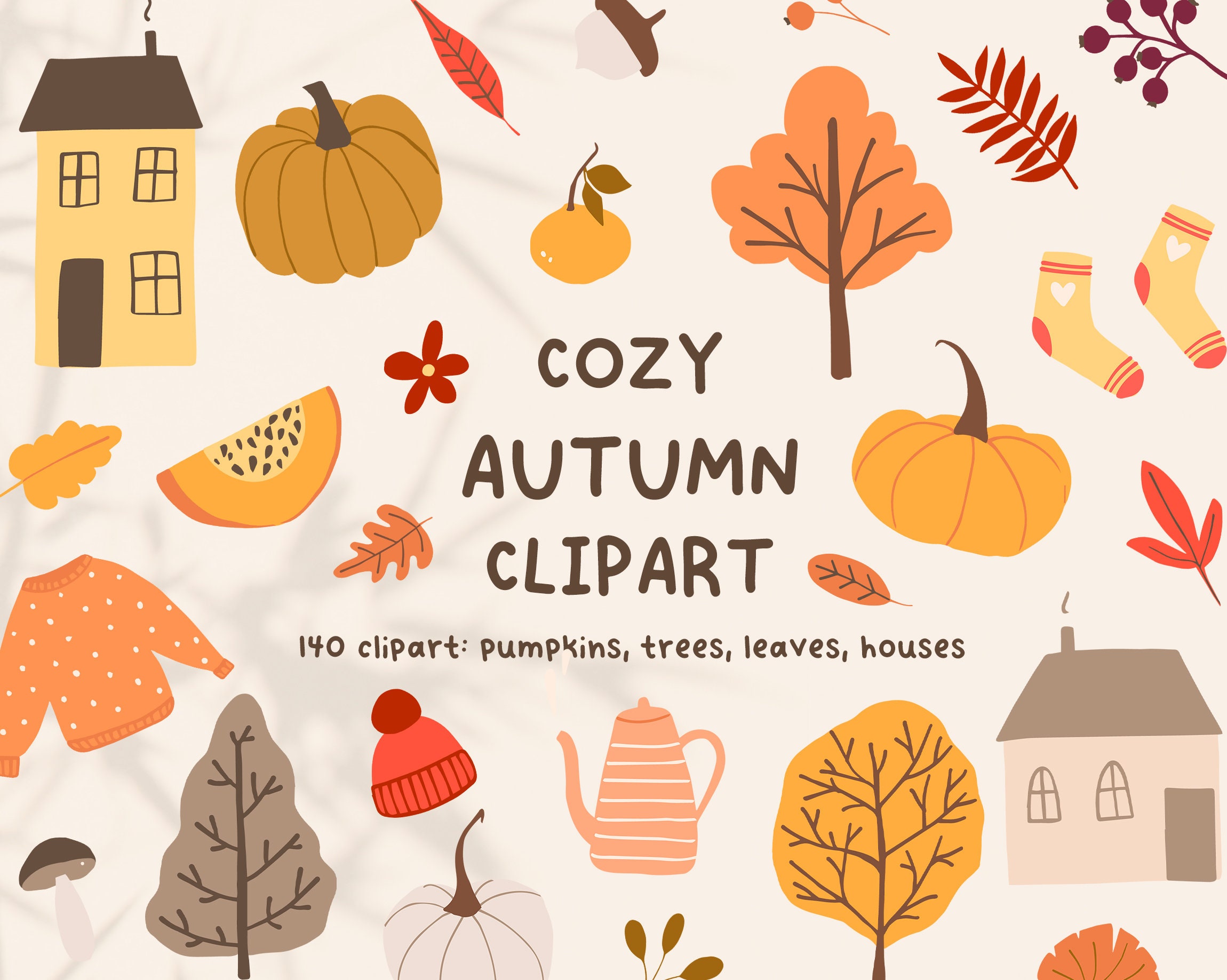 Cozy autumn fall clipart Thanksgiving pumpkin autumn leaves | Etsy