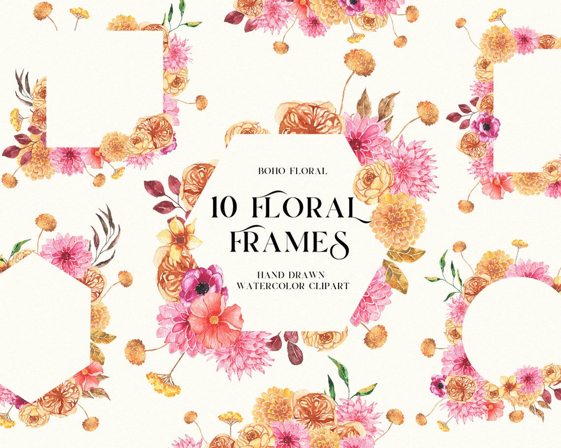 Watercolor Floral Frames Clipart Boho Floral Wreaths Bouquets | Etsy