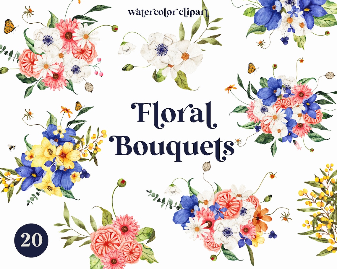 Floral Bouquet Watercolor Clipart Flowers Bouquet Greenery | Etsy
