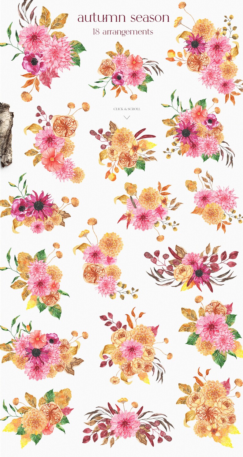 Watercolor Autumn Flowers Clipart Fall Yellow Orange Leaves | Etsy