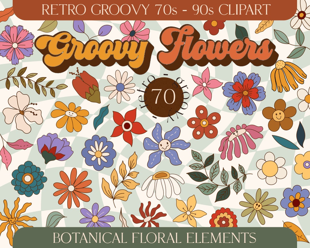 Groovy Boho Flowers Clipart, Retro Botanical Floral Greenery Leaves ...