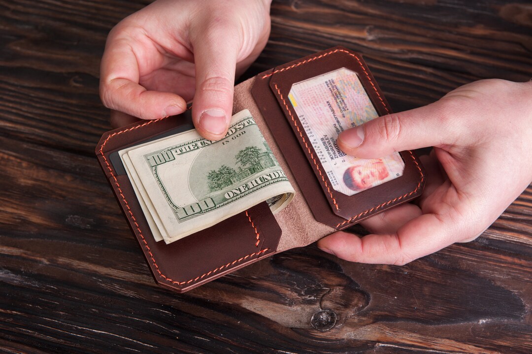 Brown Leather Mini Id Wallet, Minimalist Zipper Wallet, Small Pocket ...