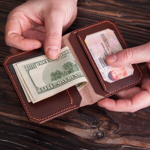 Brown Leather Mini Id Wallet, Minimalist Zipper Wallet, Small Pocket ...