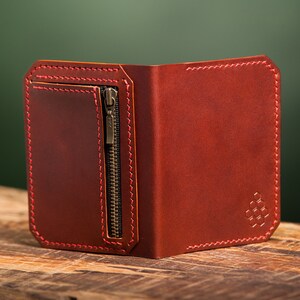 Brown Leather Mini Id Wallet, Minimalist Zipper Wallet, Small Pocket ...