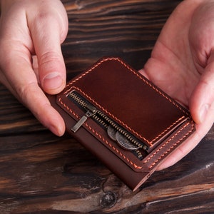 Brown Leather Mini Id Wallet, Minimalist Zipper Wallet, Small Pocket ...