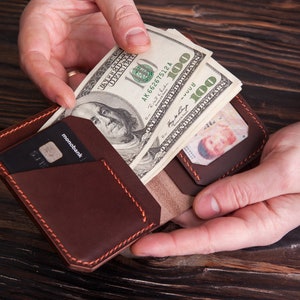 Brown Leather Mini Id Wallet, Minimalist Zipper Wallet, Small Pocket ...