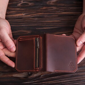 Brown Leather Mini Id Wallet, Minimalist Zipper Wallet, Small Pocket ...