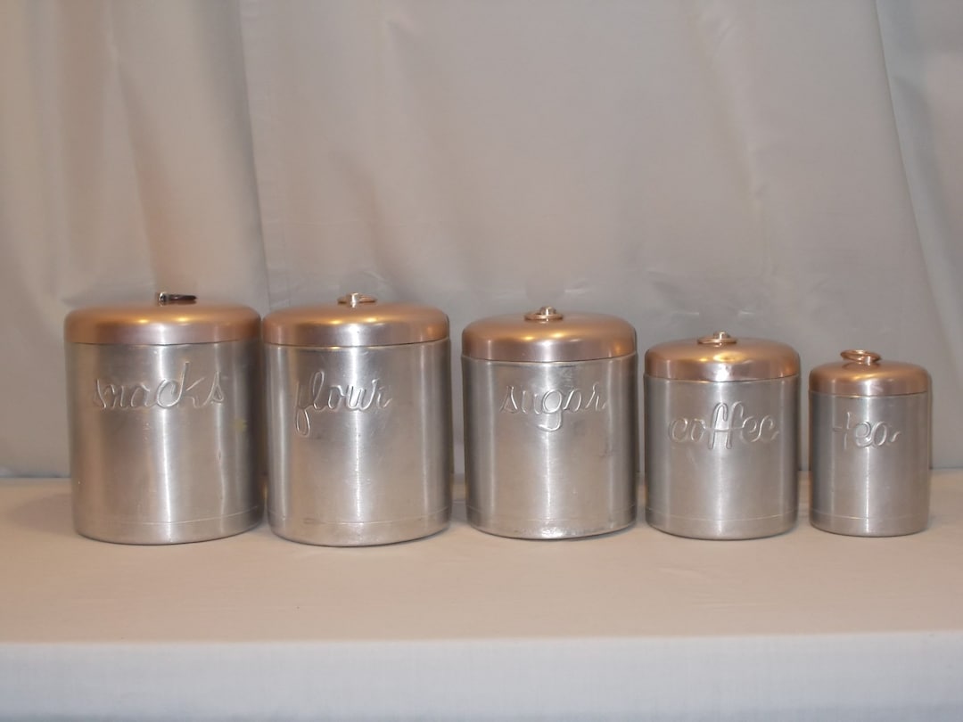 Vintage Set of 5 Heller Hostess Ware Aluminum Canister Set Snacks Flour ...