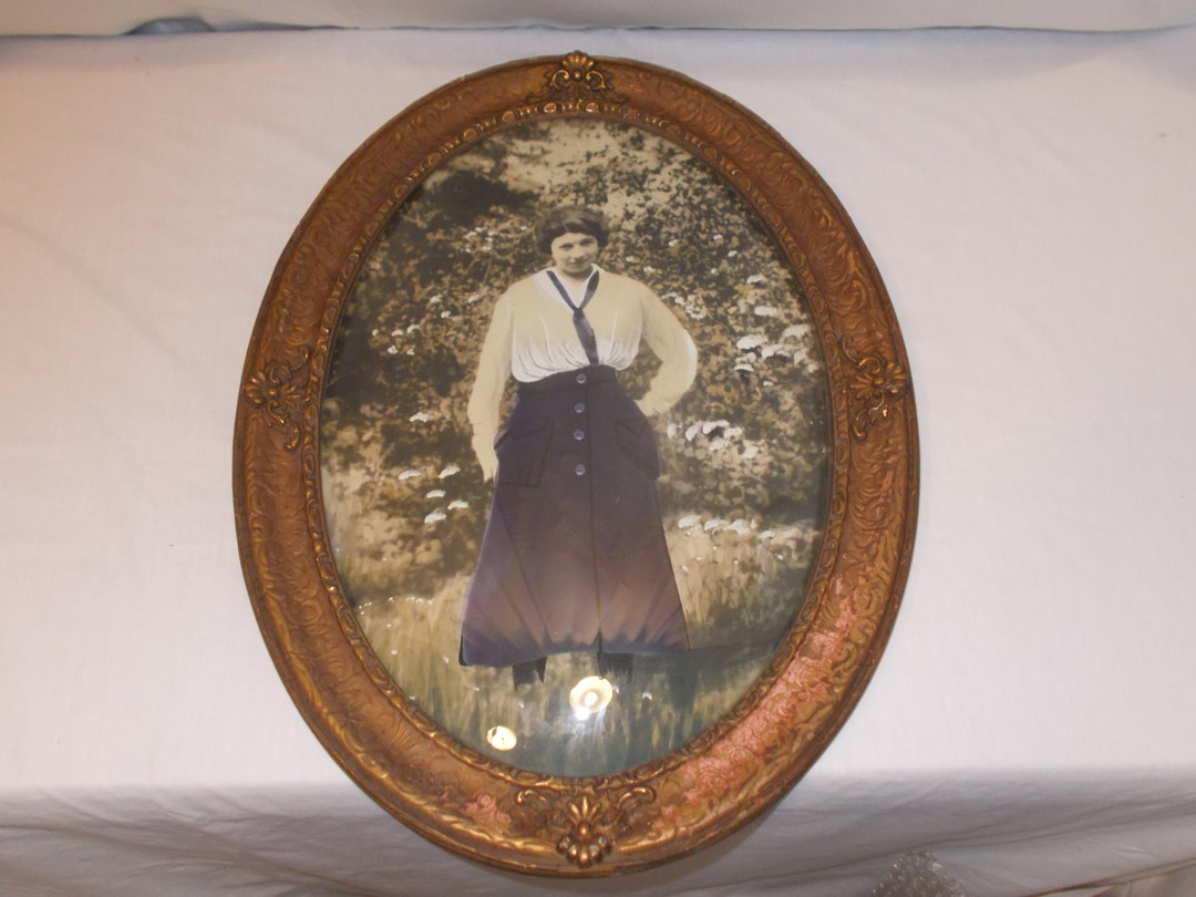 Vintage Large Wood Frame Early 1900's Convex Bubble Glass Picture Frame ...