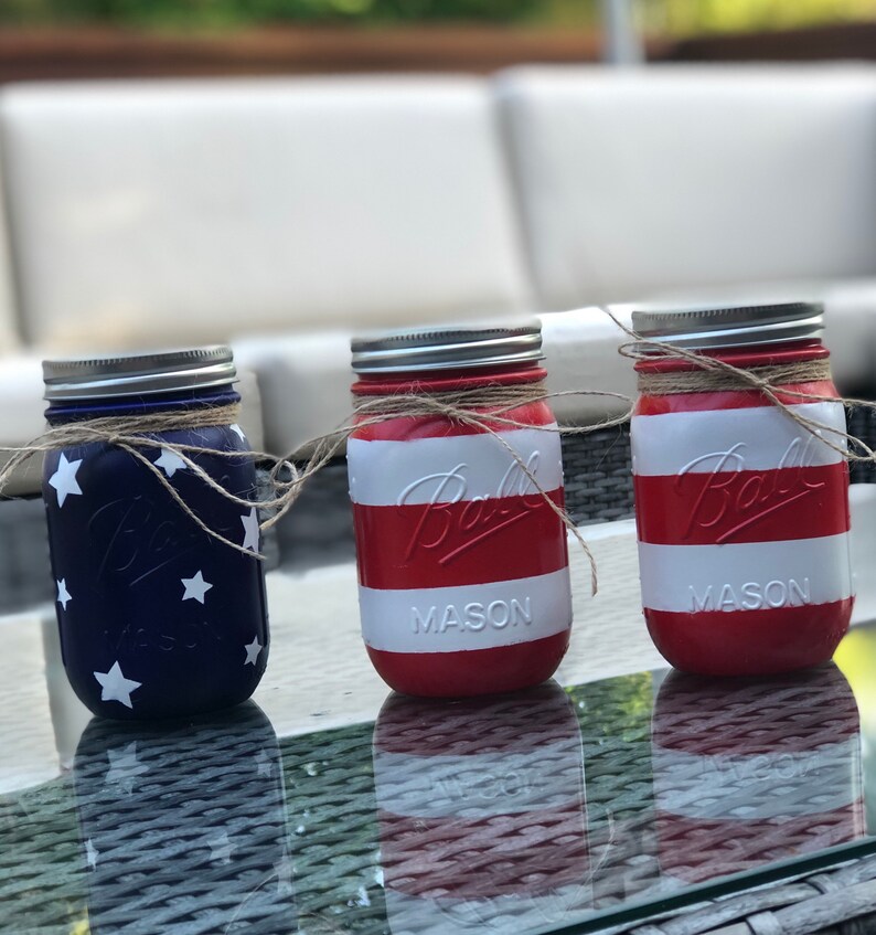 Set of 3 American Flag Mason Jars - Patriotic Mason Jars - Memorial Day ...
