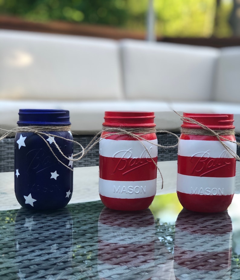 Set of 3 American Flag Mason Jars Patriotic Mason Jars | Etsy