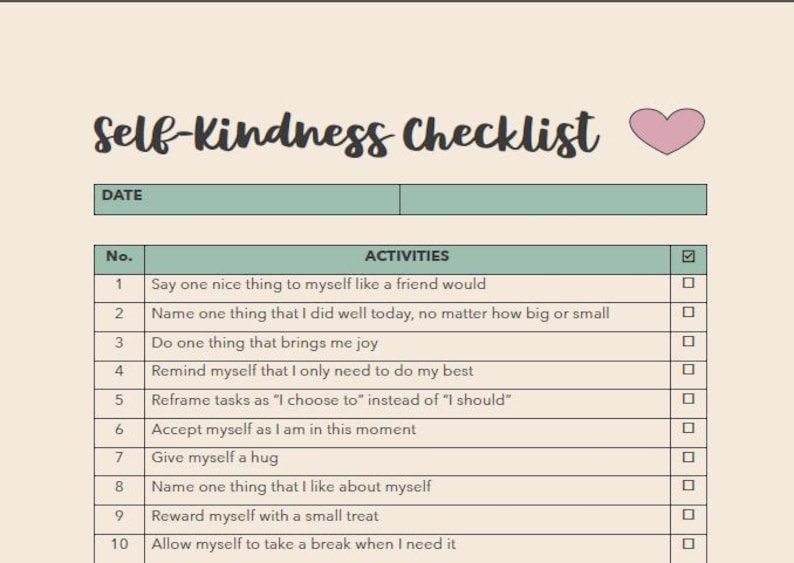 Self-kindness Habit Tracker | Printable Checklist PDF | Daily Wellness ...