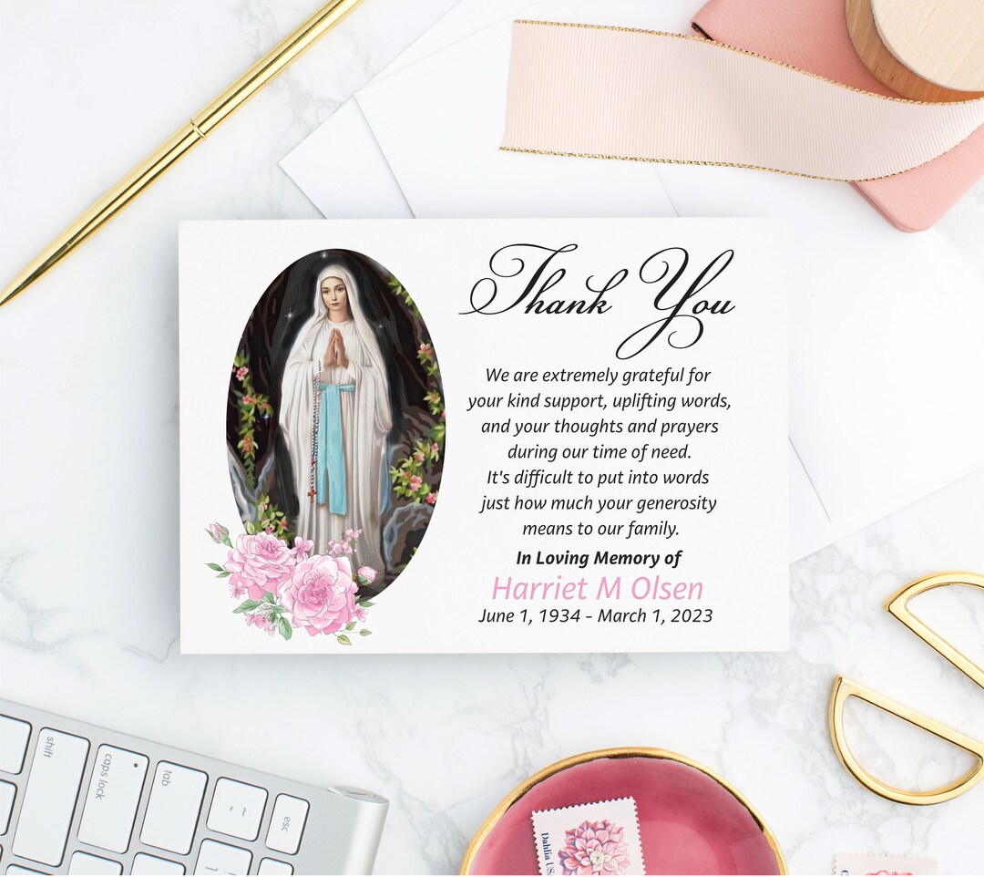 Personalized Catholic Virgin Mary Funeral Sympathy Thank You Card With ...