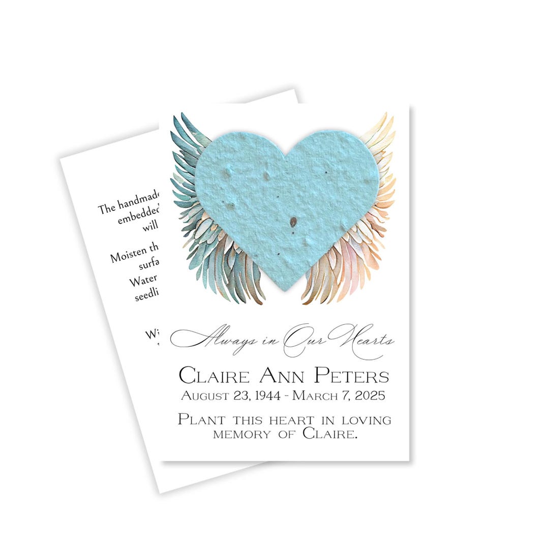 Funeral Favor With Angel Wings and Plantable Hearts, Personalized ...