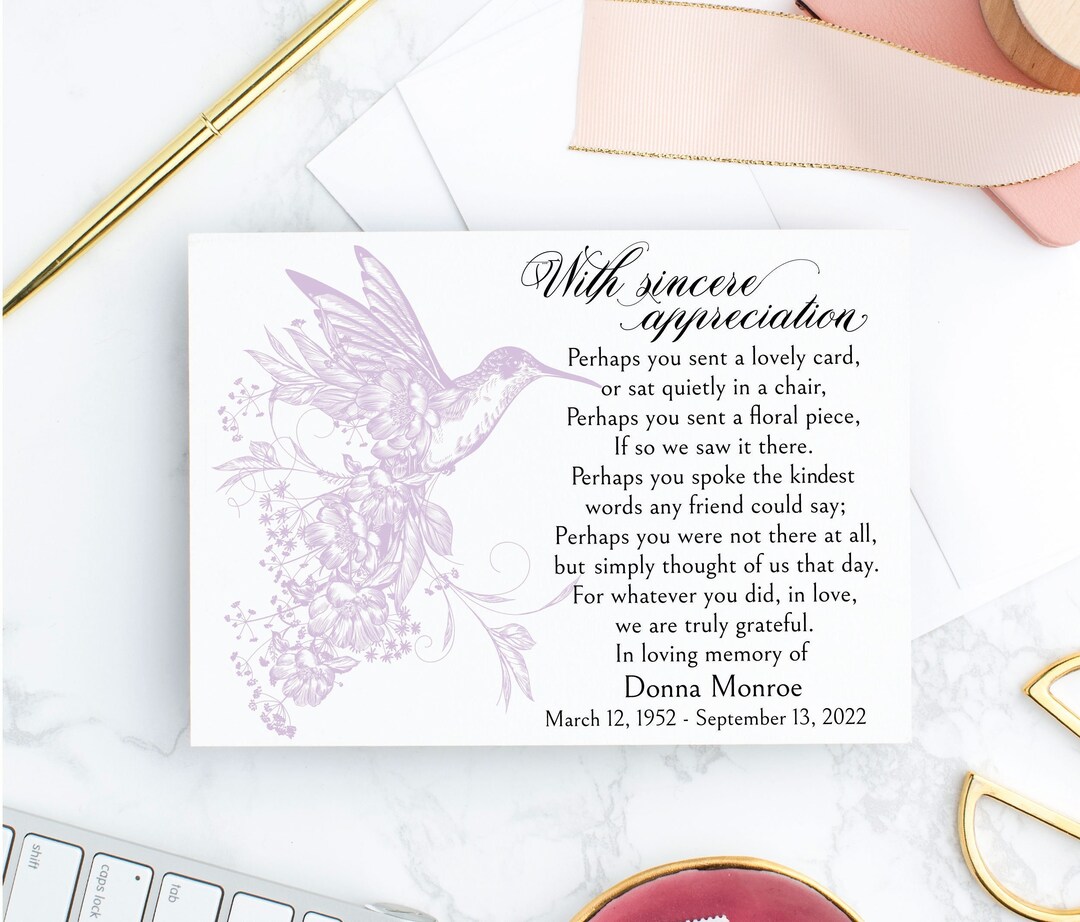 Personalized Hummingbird Sympathy Thank You Cards, Bereavement ...