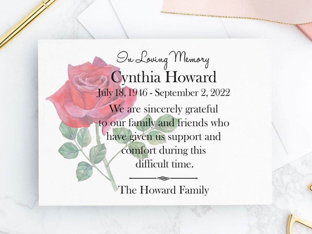 Red Rose Memorial Funeral Thank You Cards, Bereavement Thank You Cards ...