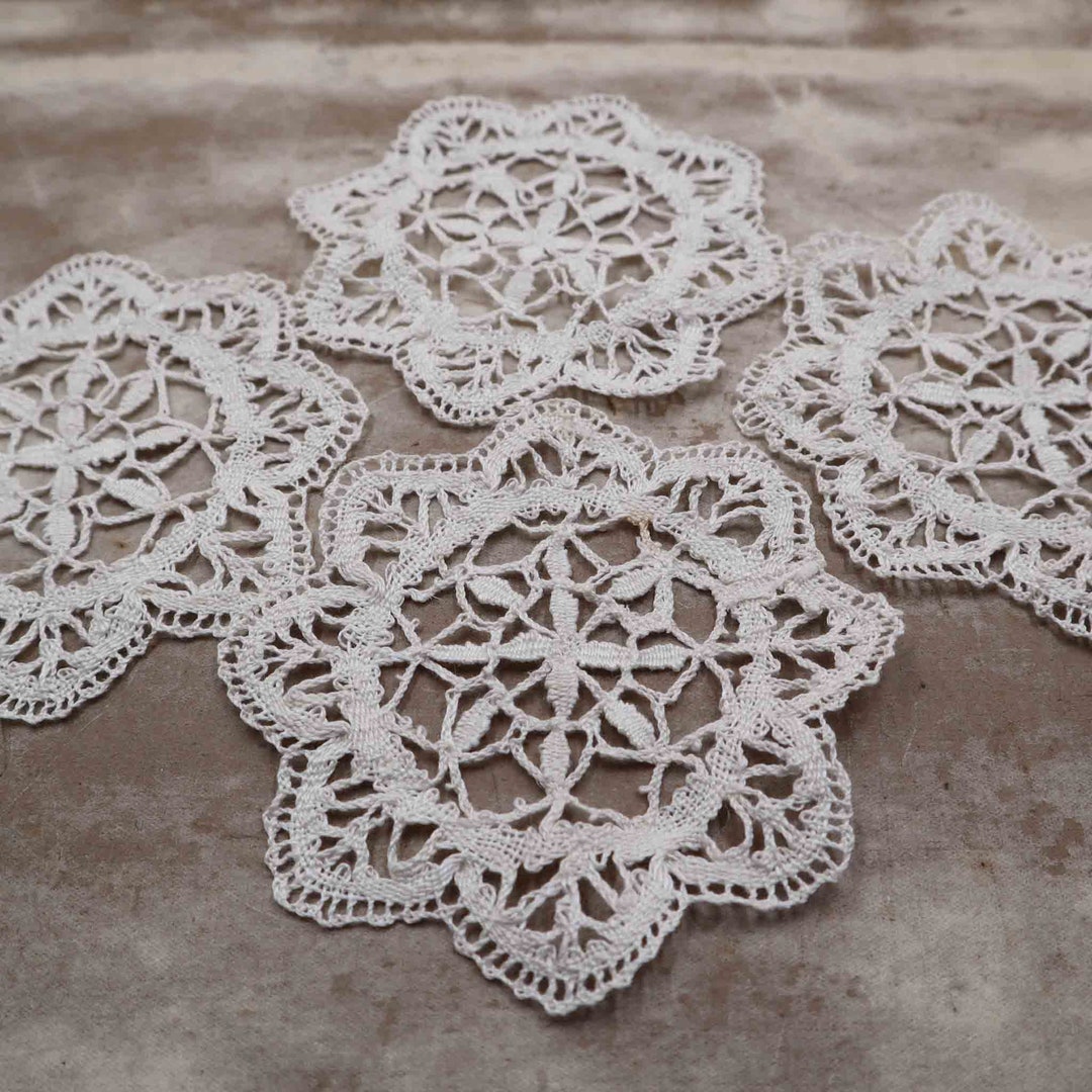 4 Lace Insert Handmade Bobbin Lace Vintage French Square Applique Linen ...
